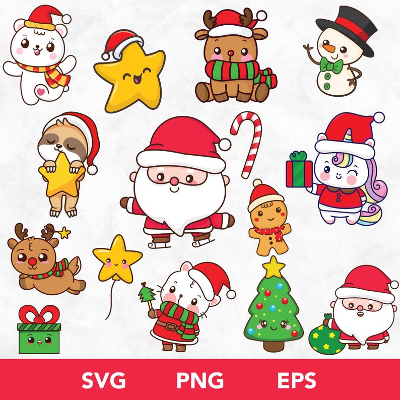 Kawaii Cute Christmas PNG Bundle, Christmas Clipart, Cute Christmas ...
