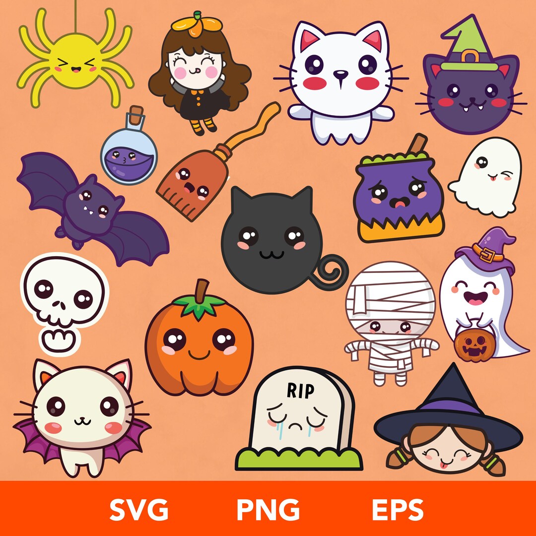 Halloween Kawaii PNG Bundle, Cute Halloween Clipart, Kawaii Pumpkin ...
