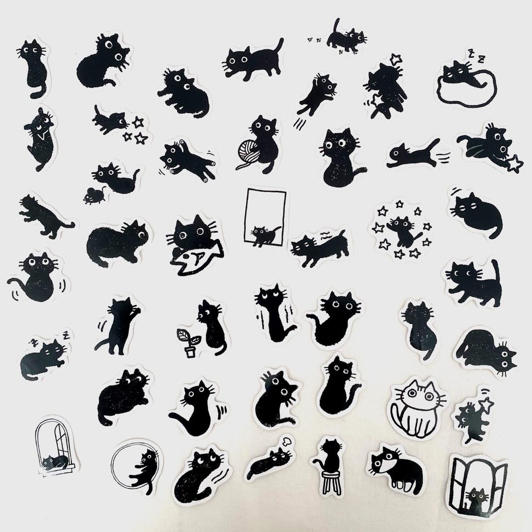 Black Cat Stickers Set, Kawaii Animal Stickers, Cute Cat Lover Gift ...