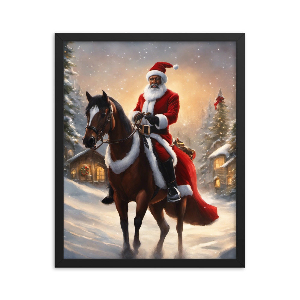 Black Santa Riding a Horse Framed Artwork Vintage Christmas Wall Art ...