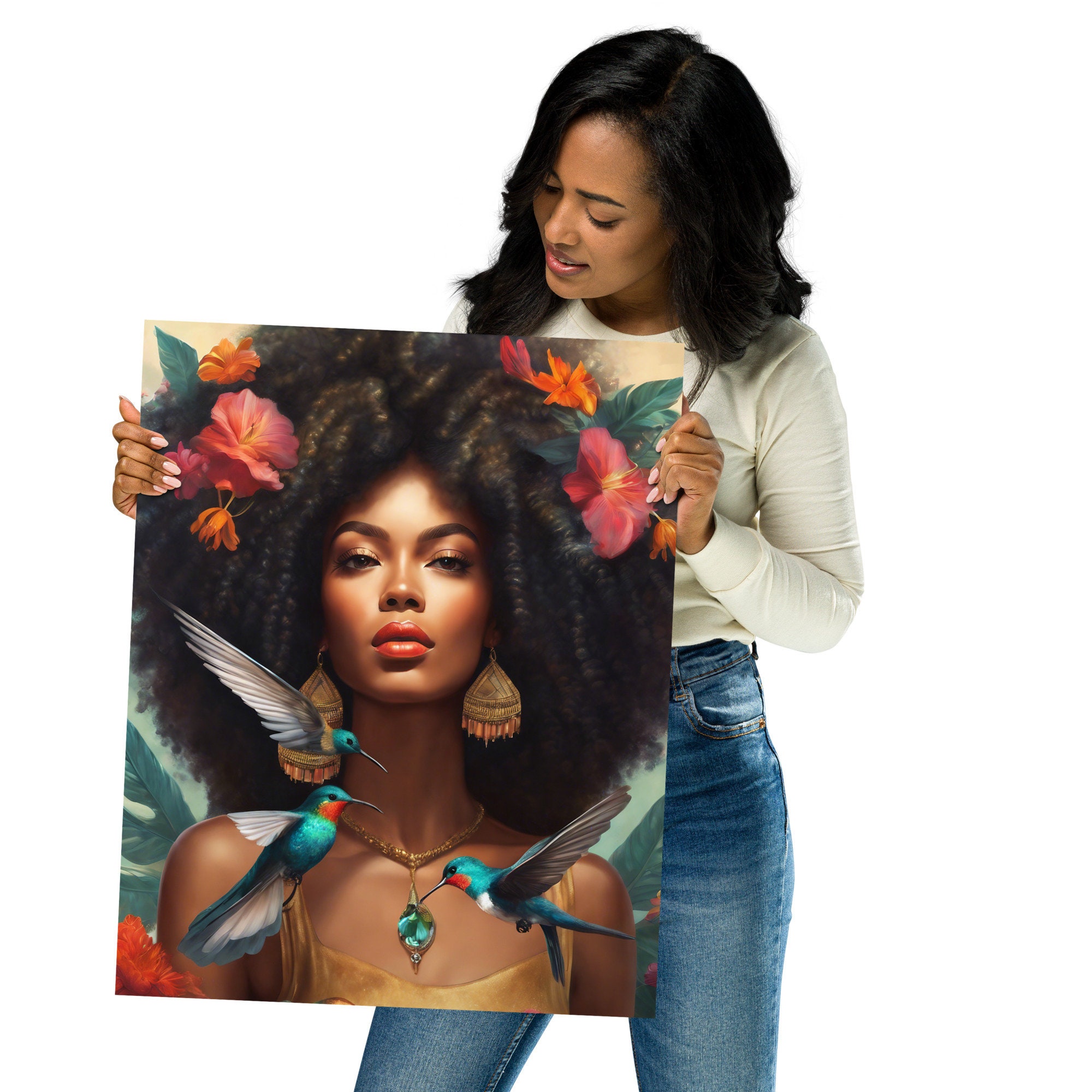 Beautiful Black Queen With Hummingbirds Poster Black Girl Magic Wall Art Unique Wall Decor for ...