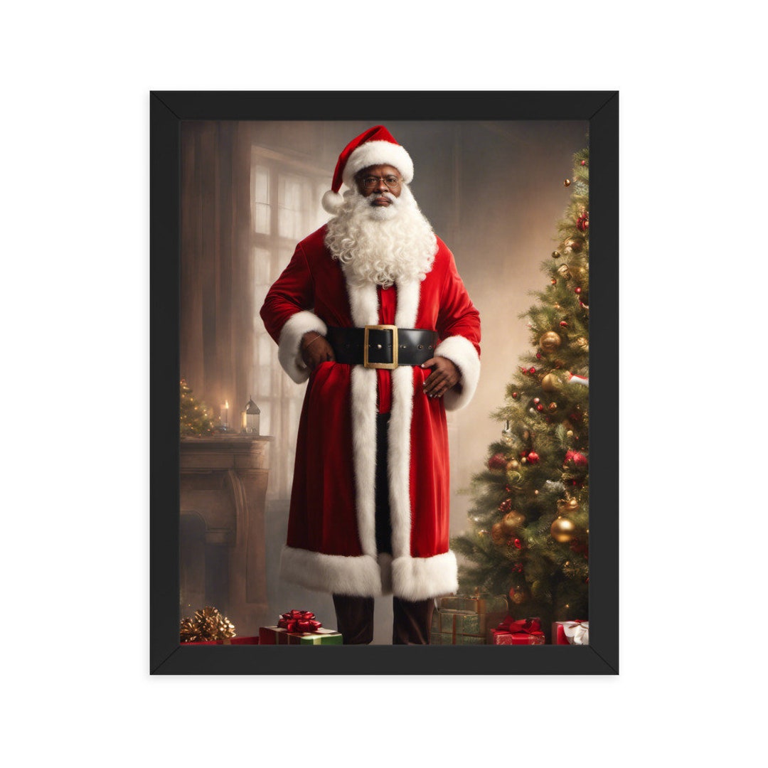 Black Santa Standing With Christmas Tree Framed Artwork | Vintage Christmas Wall Art | Black ...