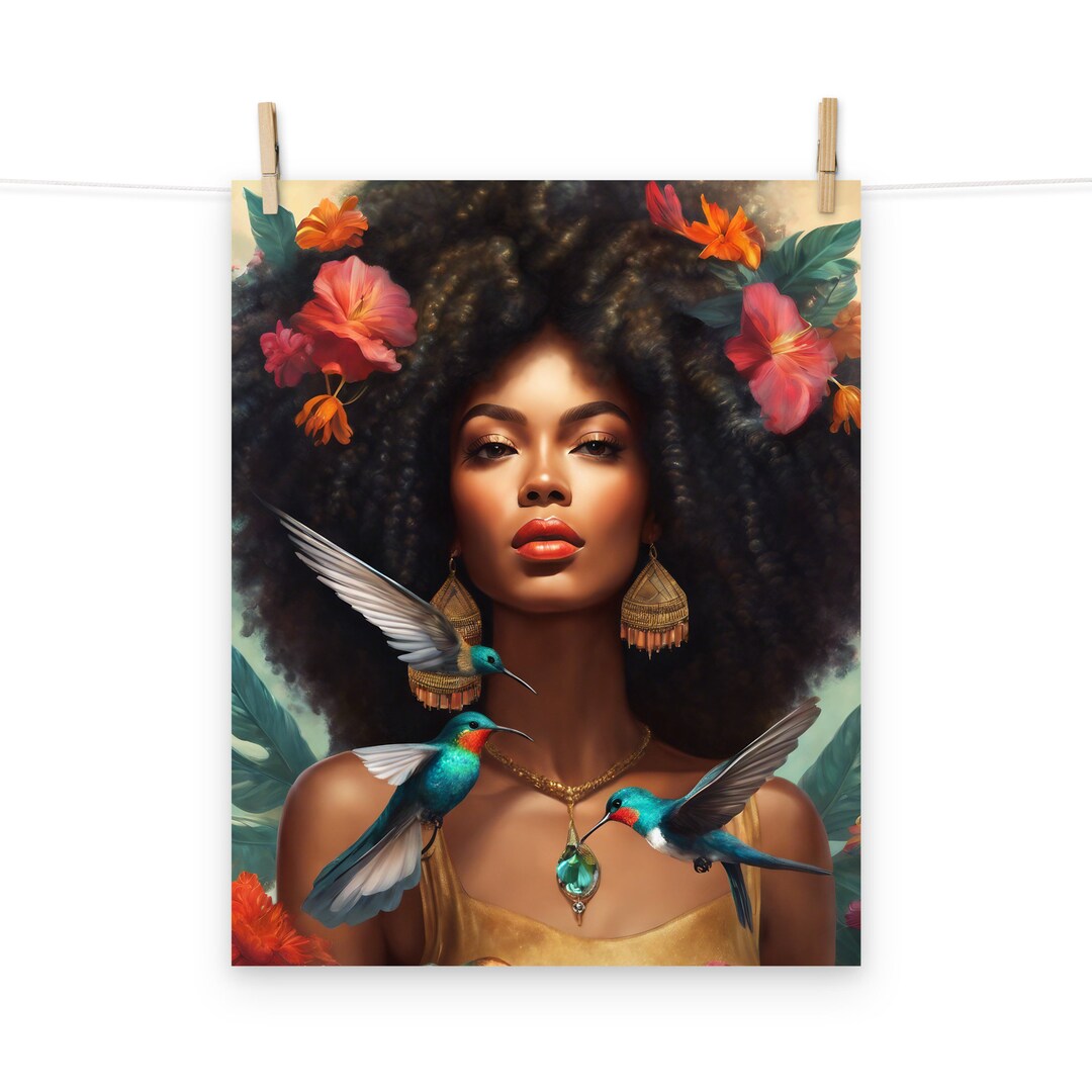 Beautiful Black Queen With Hummingbirds Poster | Black Girl Magic Wall ...