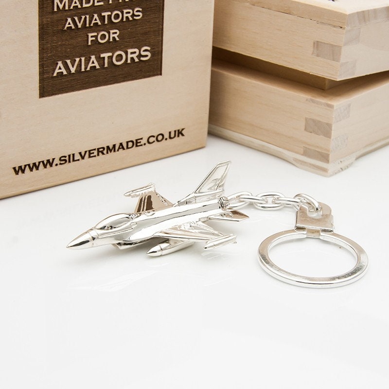 Airplane F-16 Sterling Silver Keychain, Fighter Jet Keyring, Pilot Gift ...