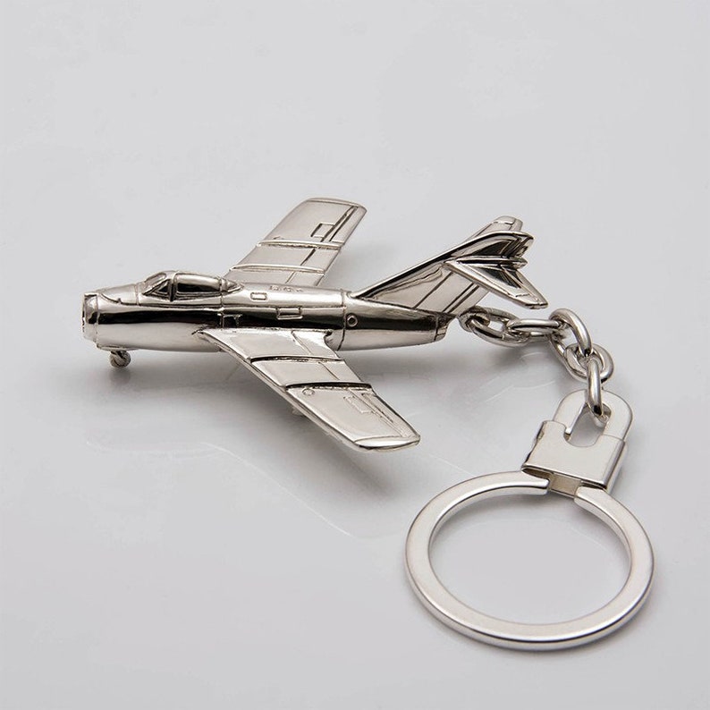 Airplane MIG-15 Keychain , Fighter Aircraft Silver 925 Keyring, Pilot ...