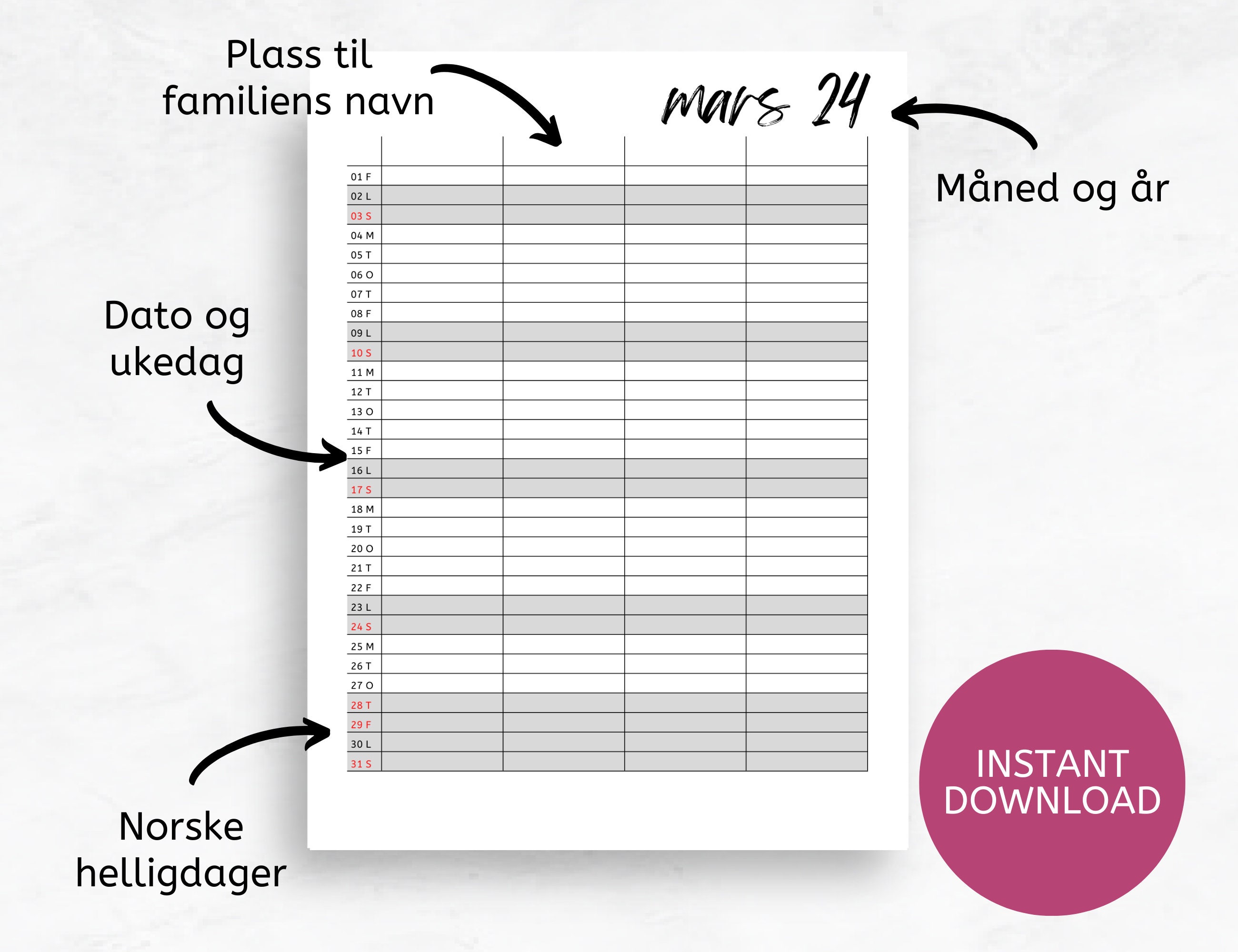 2024 Norsk Kalender Med Helligdager PDF A4, Veggkalender ...