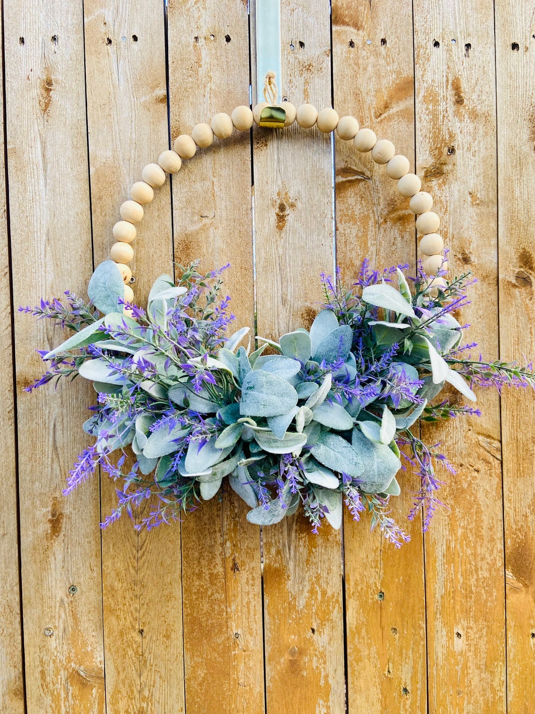 Modern Farmhouse Wood Beaded Hoop Wreath, Lavender Lambs Ear Cottage ...