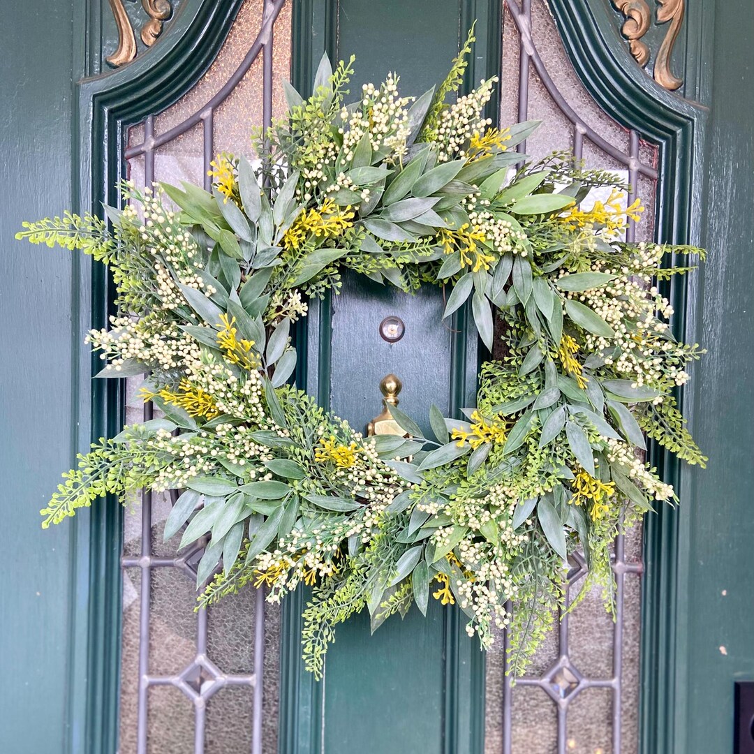 Spring and Summer Eucalyptus Fern Wreath With Yellow and White Berries ...