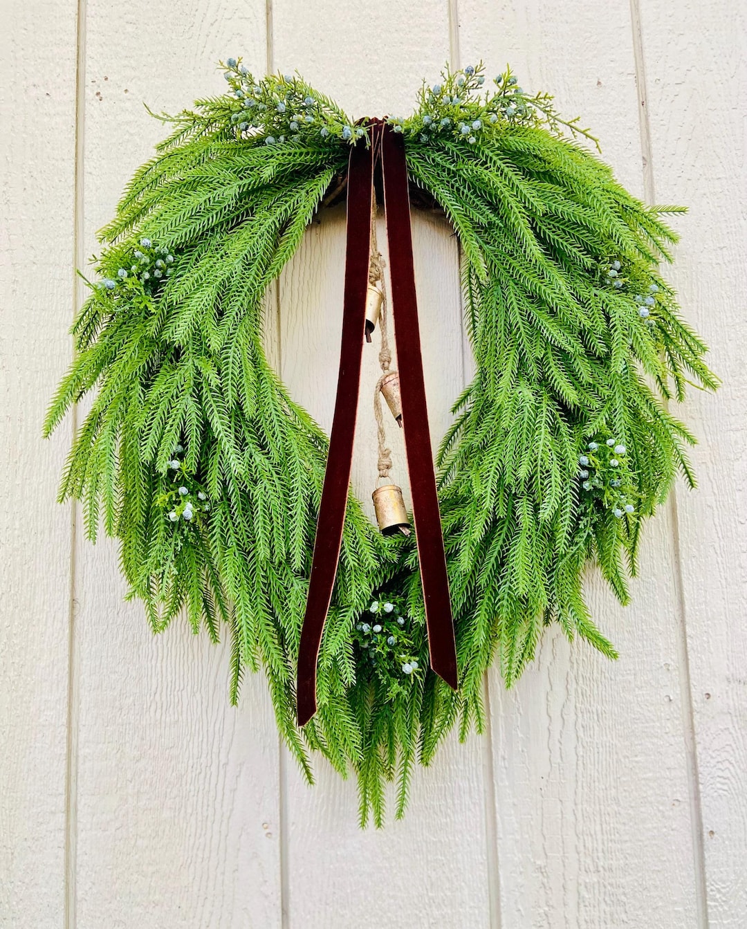 Cascading Norfolk Pine and Juniper Berry Christmas Front Door Wreath ...