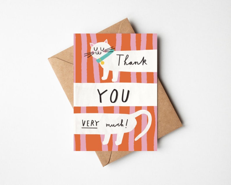 Thank You Very Much 5x7" White Cat Gratitude Card With Kraft Envelope ...