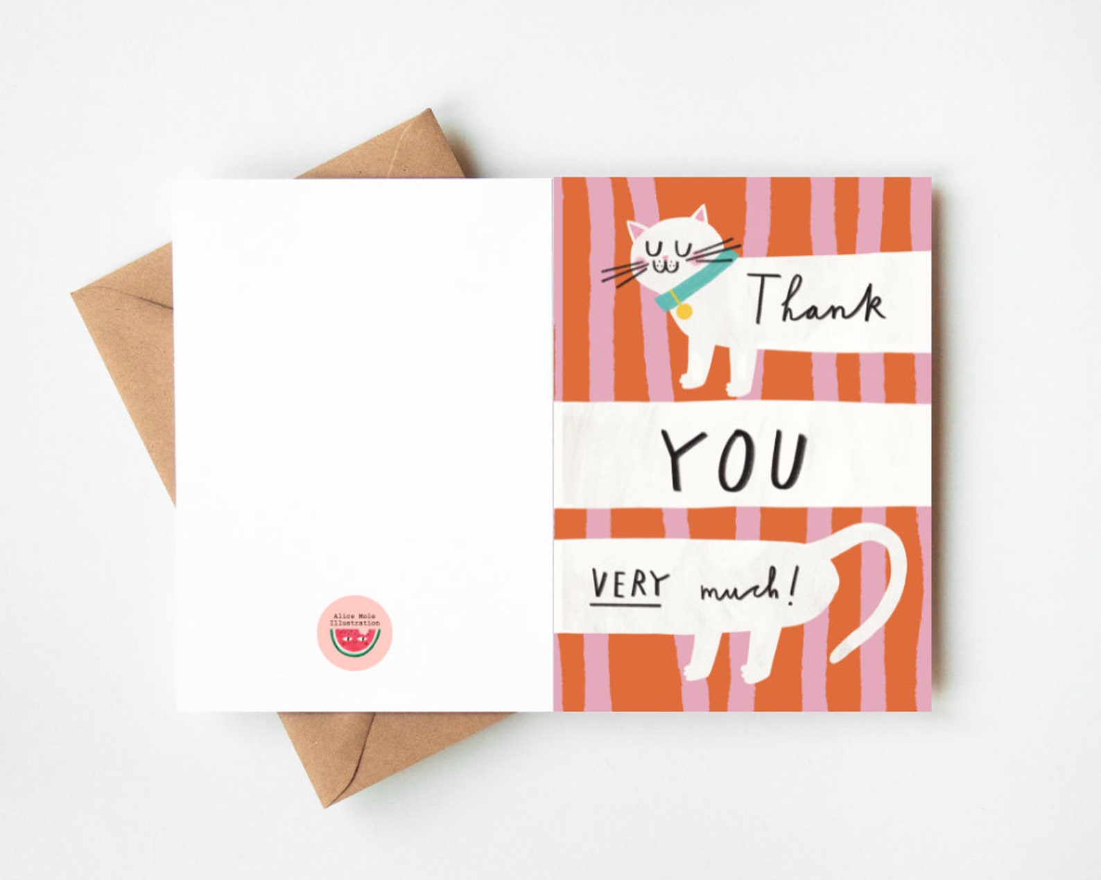 Thank You Very Much 5x7" White Cat Gratitude Card With Kraft Envelope ...