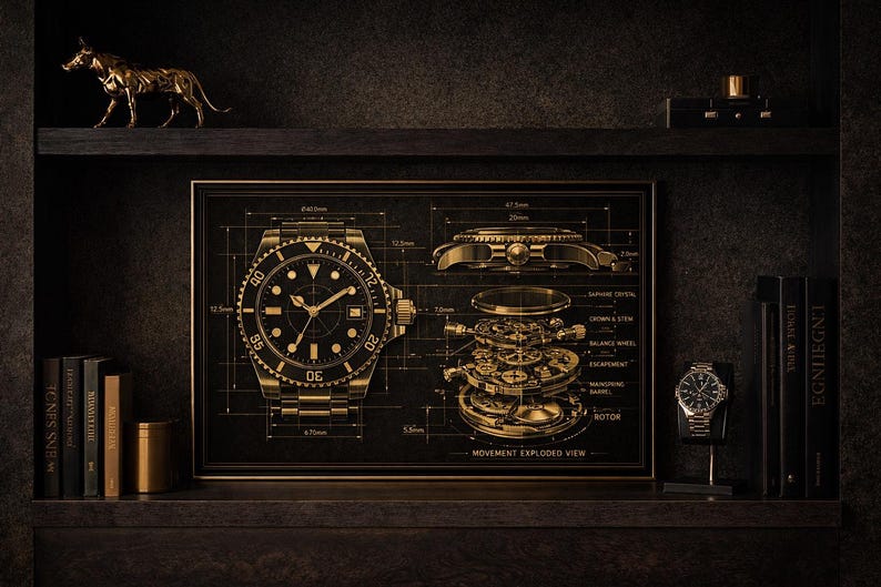 Luxury Mechanical Watch Blueprint Wall Art | Gold on Black Swiss-style ...