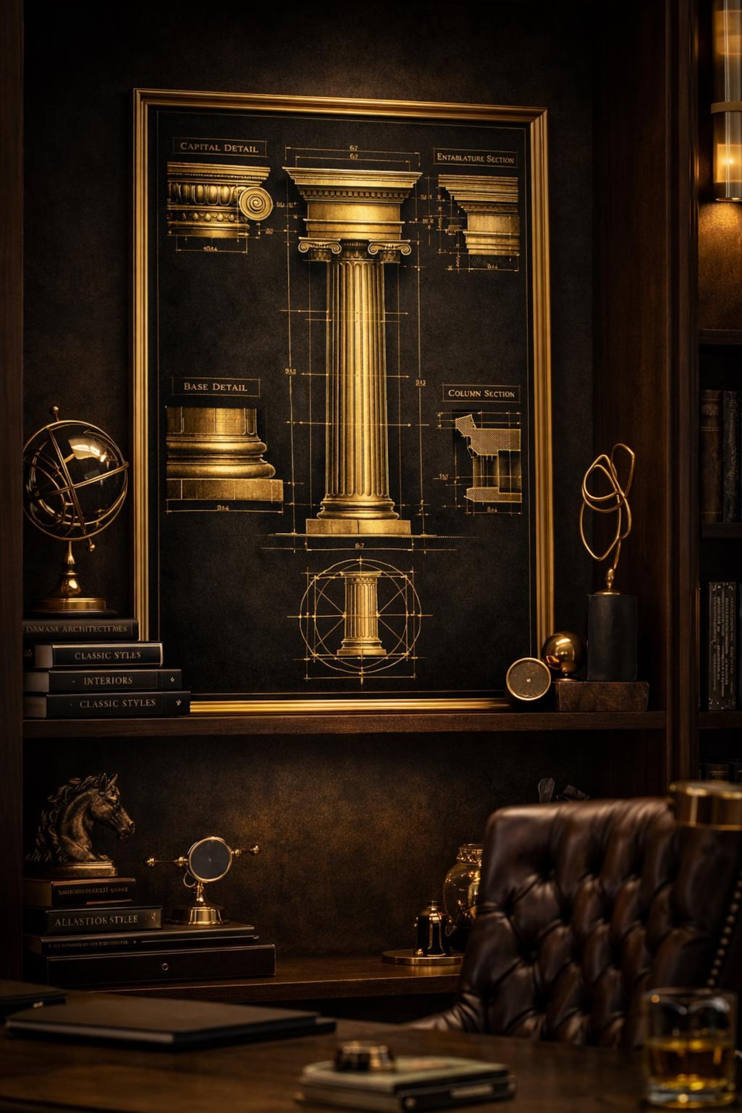 Roman Column Blueprint Art | Black & Gold Architectural Drawing ...