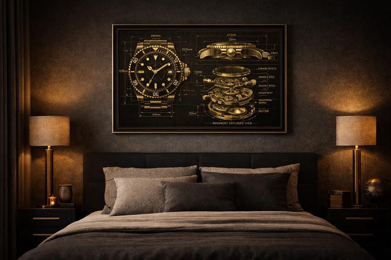 Luxury Mechanical Watch Blueprint Wall Art | Gold on Black Swiss-style ...