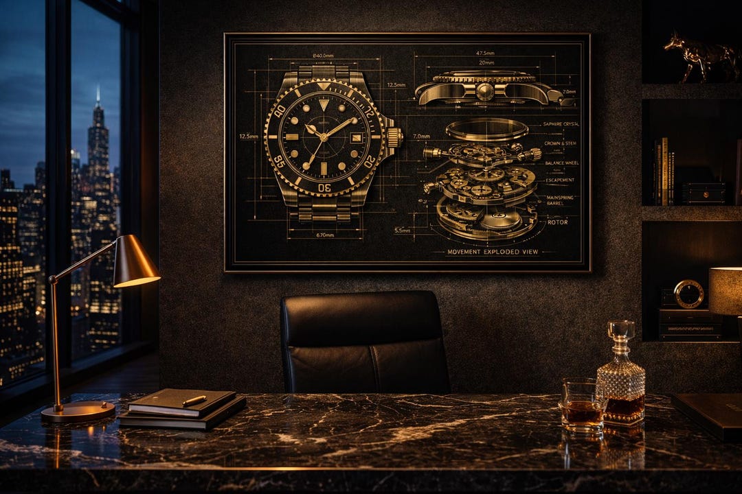 Luxury Mechanical Watch Blueprint Wall Art | Gold on Black Swiss-style ...
