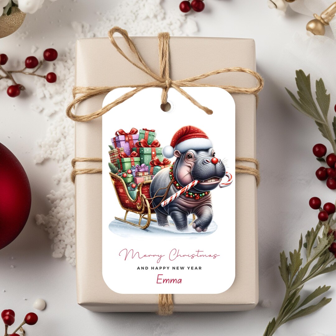 Personalized Christmas Hippo Gift Tags, Hippo Santa Gift Tags, Custom ...