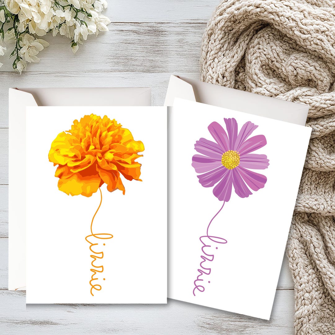Personalized October Birth Flower Card, Marigold Cosmos Birthday Card ...