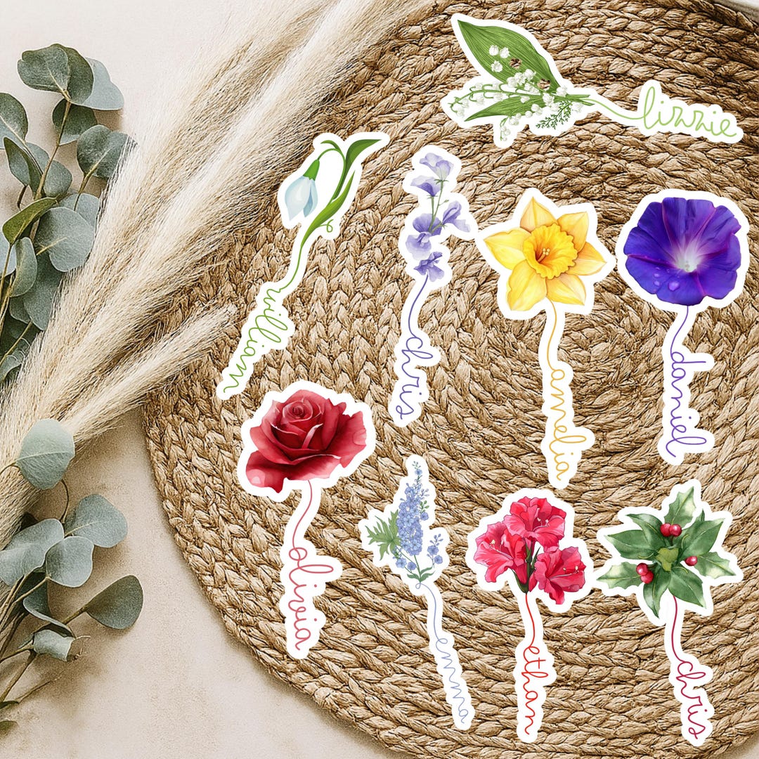Personalized Birth Month Flower Sticker, Personalized Flower Name ...