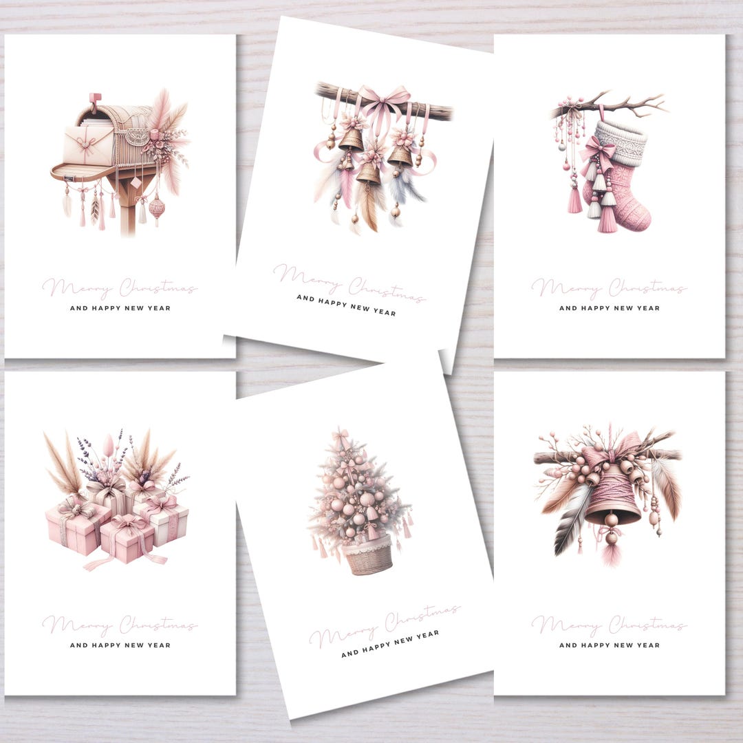 Pink Boho Christmas Card Set of 6, Pink Holiday Greeting Cards, 6 ...