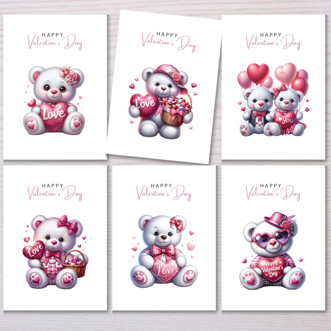 Teddy Bear Valentine’s Day Cards, Cute Love Greeting Cards Set ...