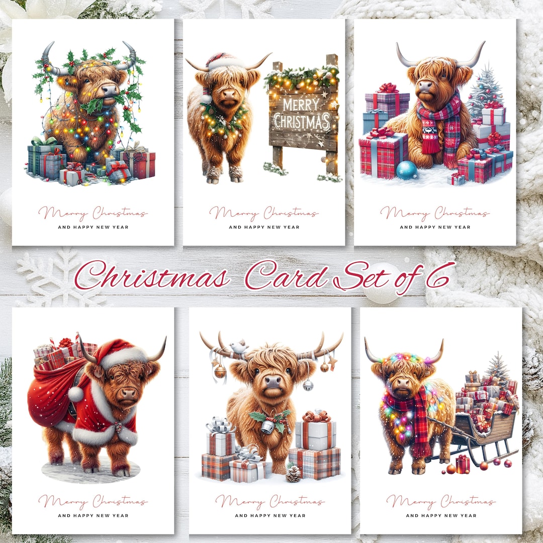 Adorable Highland Cow Christmas Card Set of 6 – Cozy Festive Animal ...
