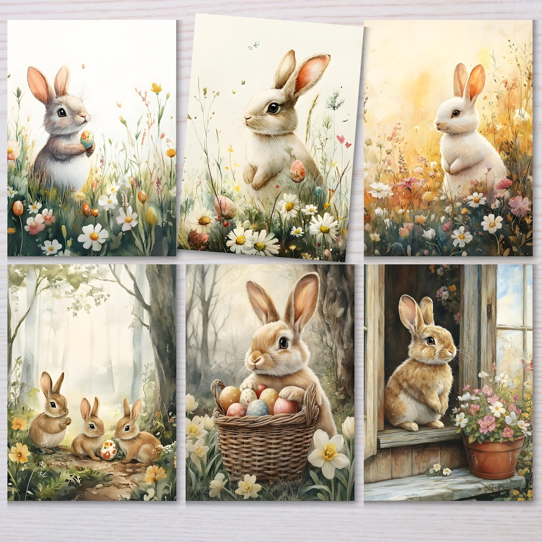Easter Bunny Greeting Card Set, Spring Rabbit Illustration, Nature ...