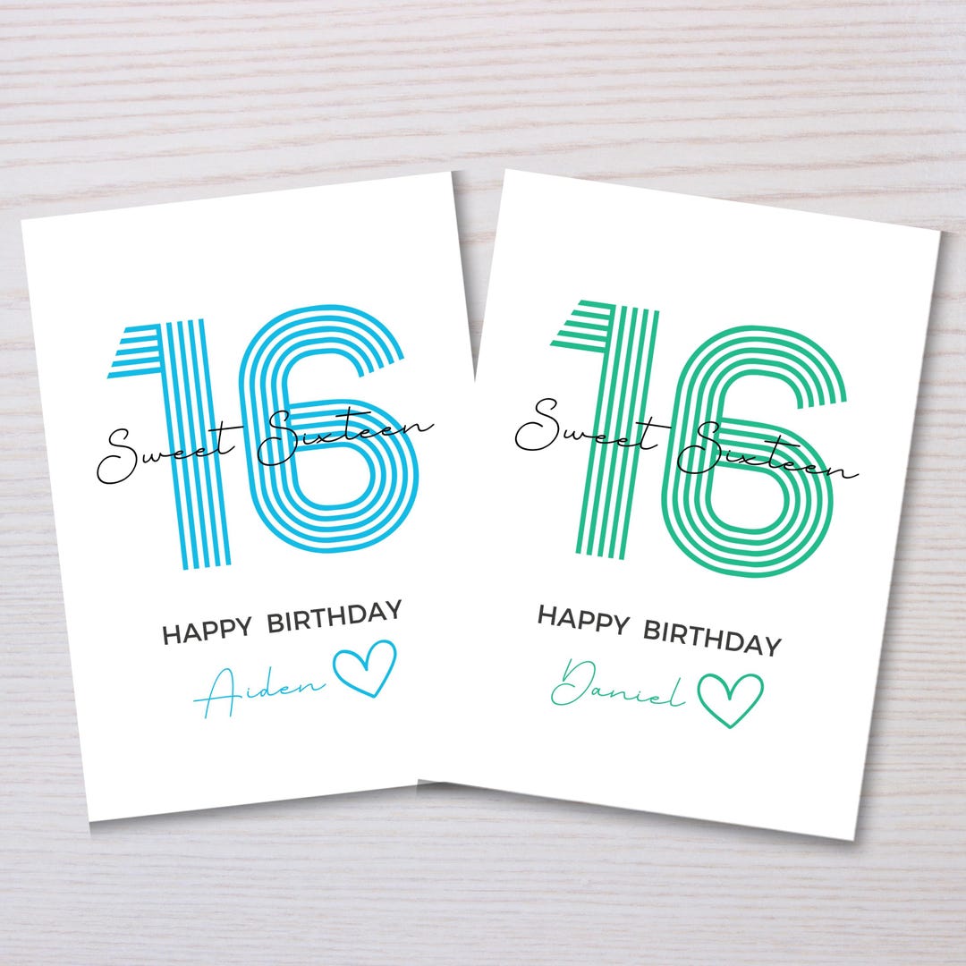 Custom 16th Birthday Card With Name and Heart, Personalized Sixteen ...