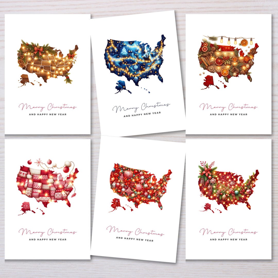 USA Map Christmas Card Set of 6 – Festive Illustrated States Design for ...
