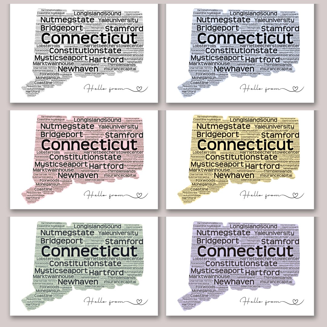 Minimalist Connecticut Word Art Postcard Set of 6, Connecticut Map ...