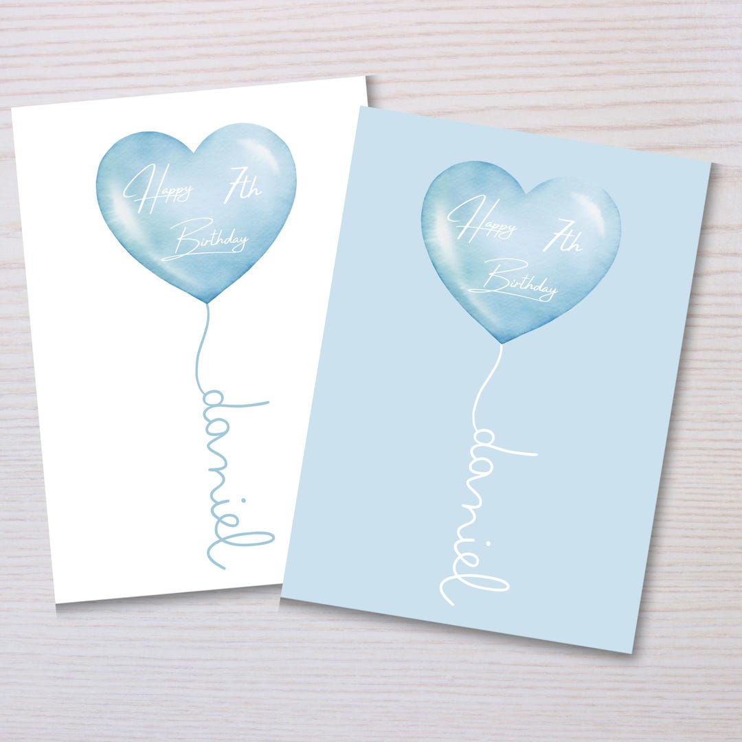 Personalized Blue Heart Balloon Birthday Card, Customizable Happy 7th ...