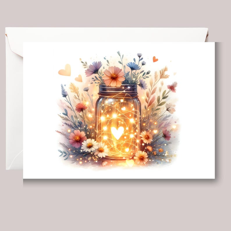 Floral Mason Jar Notecard Set, Magical Fairy Lights, Romantic ...