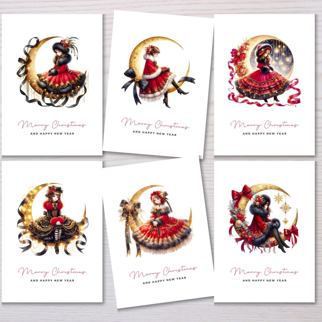 Victorian Christmas Moon Greeting Cards, Elegant Holiday Girls, Set of ...