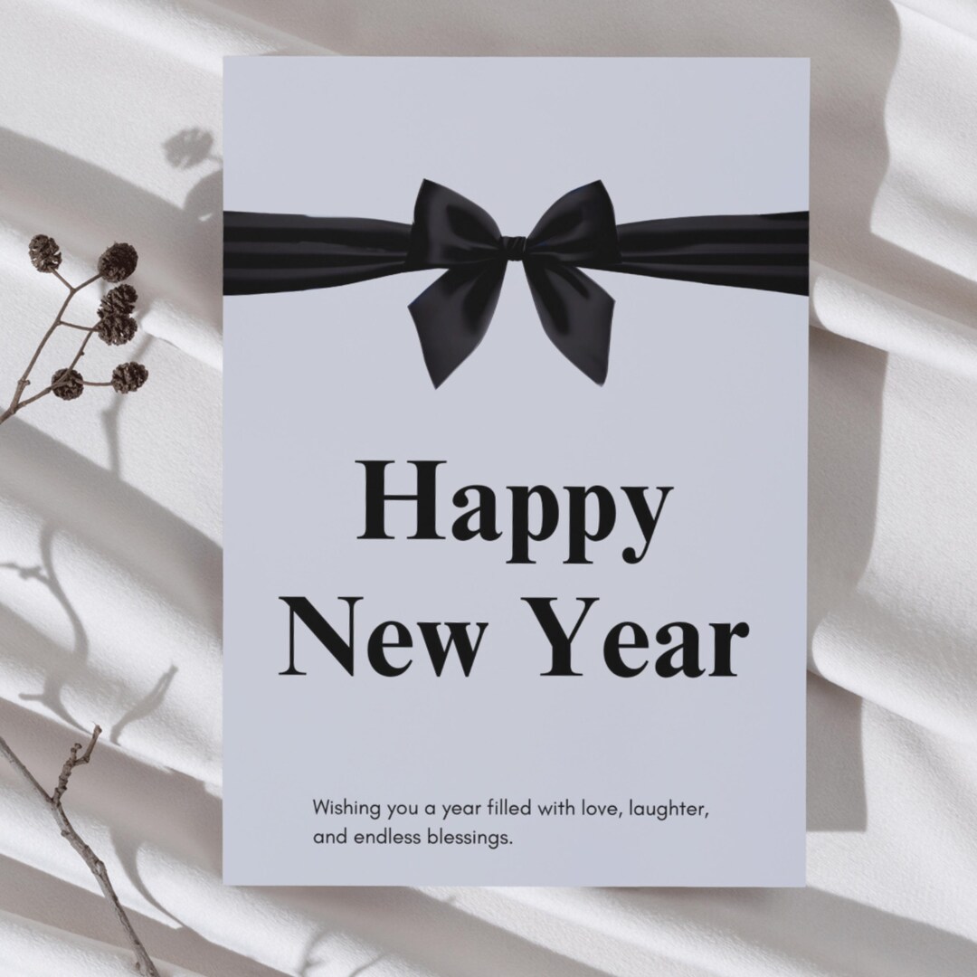 Elegant Happy New Year 2025 Postcard With Black Ribbon, Minimalist ...