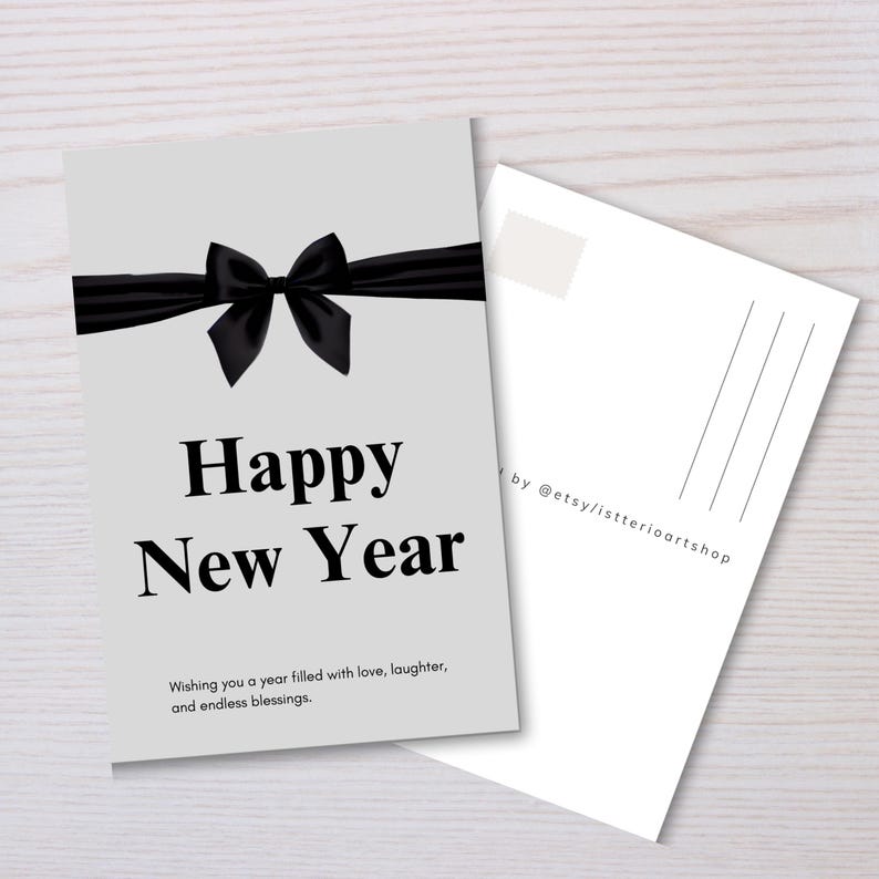 Elegant Happy New Year 2025 Postcard With Black Ribbon, Minimalist ...