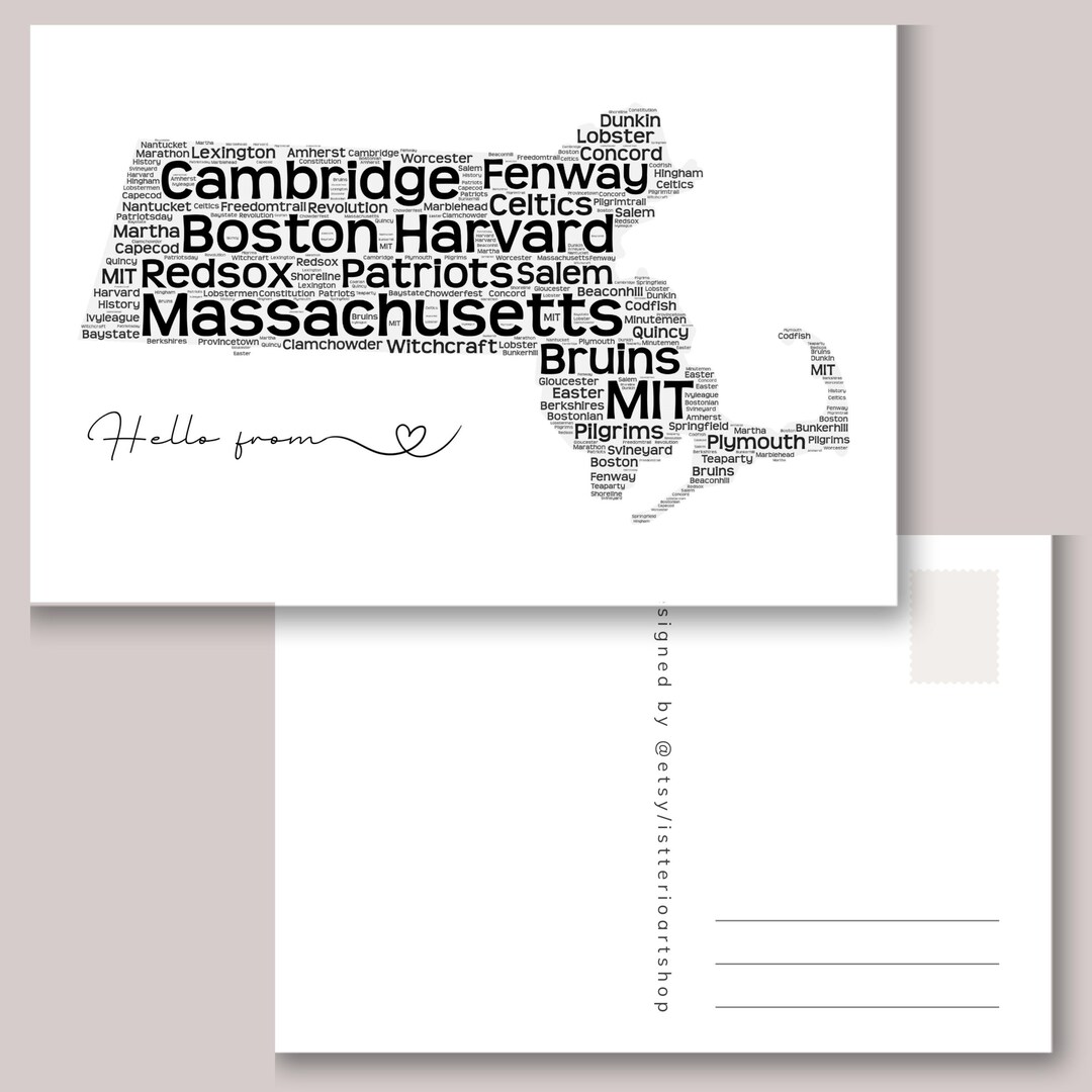 Modern Massachusetts Word Art Postcard Set of 6, Massachusetts Map ...