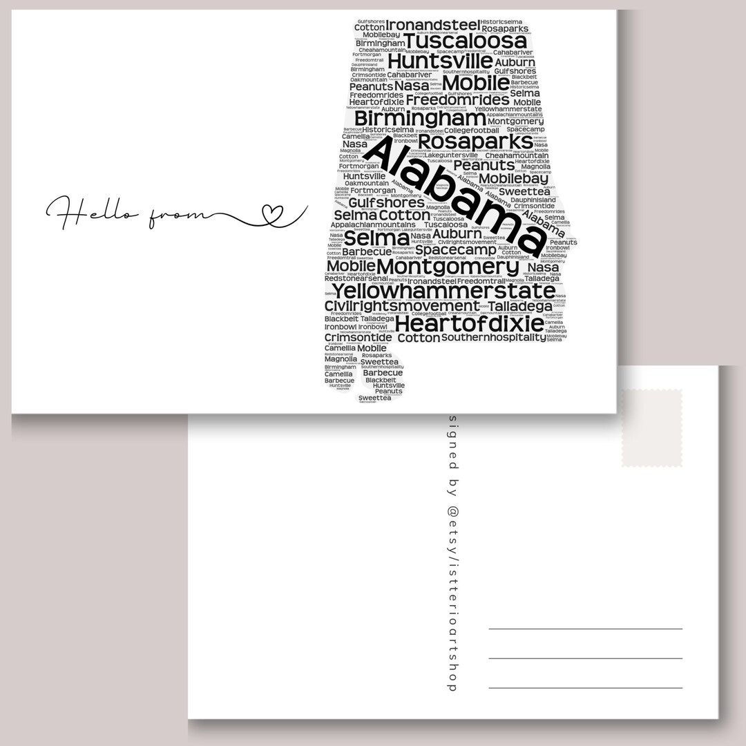 Minimalist Alabama Word Map Postcard Set of 6, Alabama Typography State ...