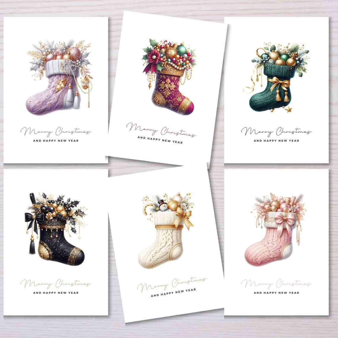 Set of 6 Christmas Stocking Cards, Luxurious Holiday Greeting Cards ...