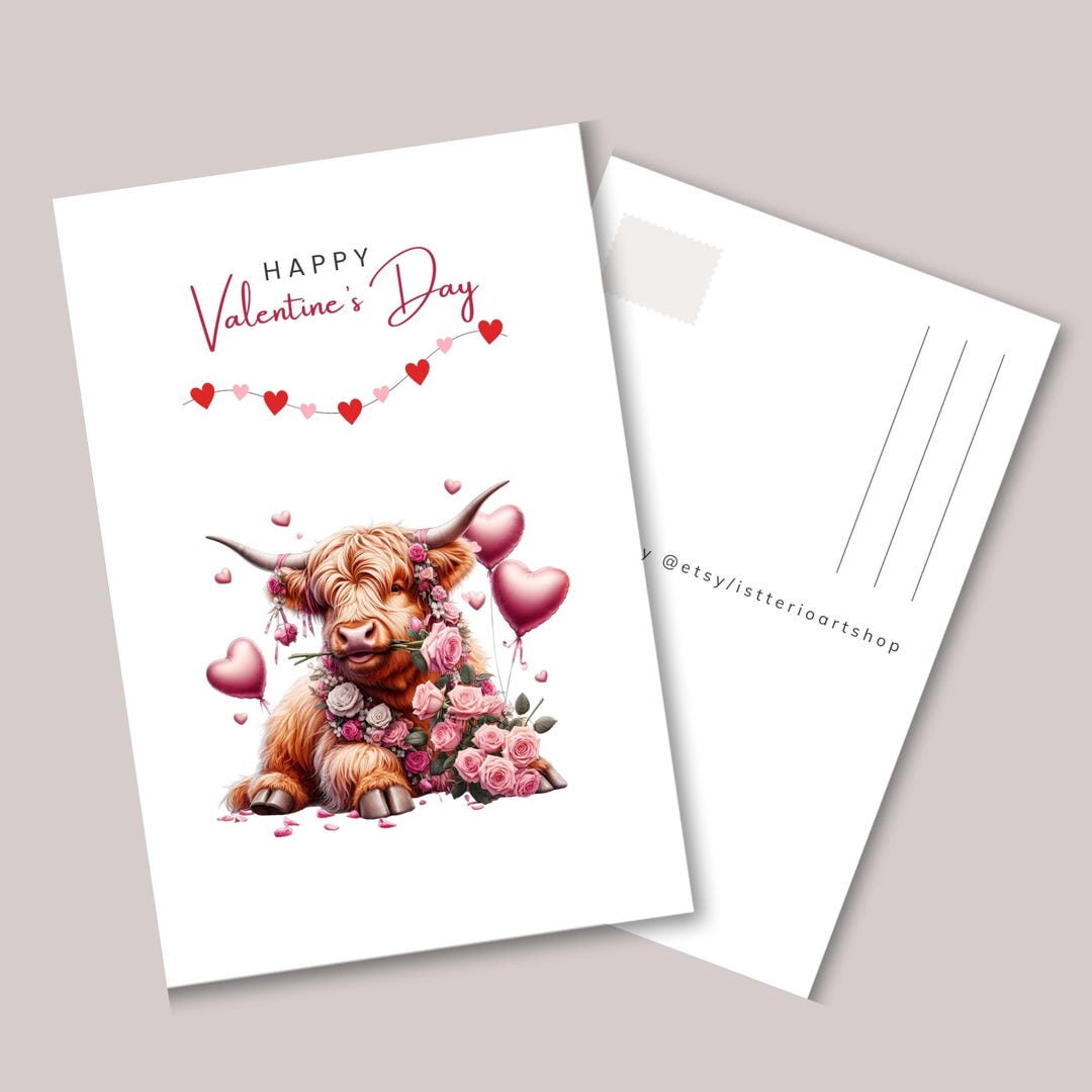 Valentine’s Day Cow Postcards Set, Cute Highland Cow Valentines Cards ...