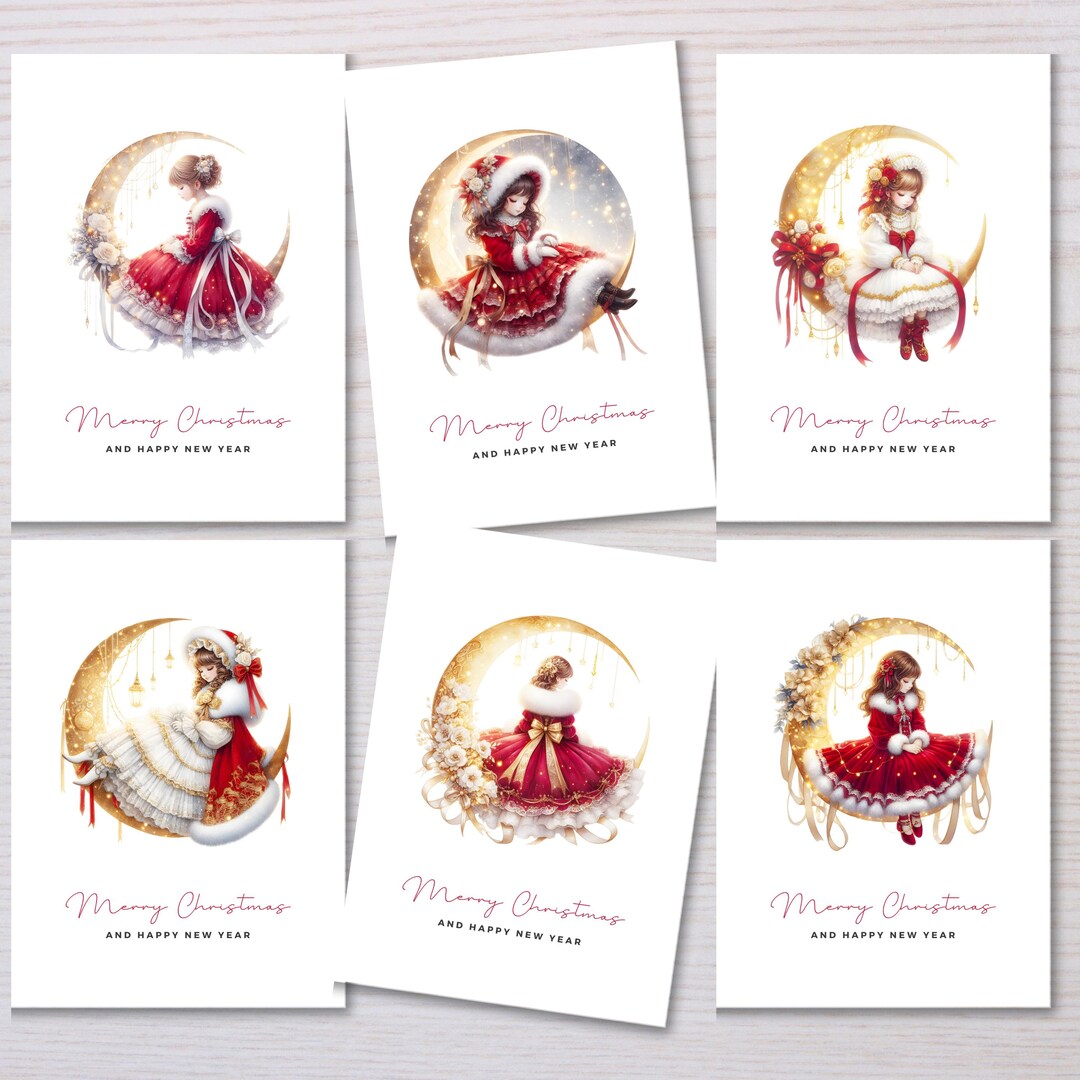 Victorian Crescent Moon Christmas Card Set of 6 – Red and Gold ...