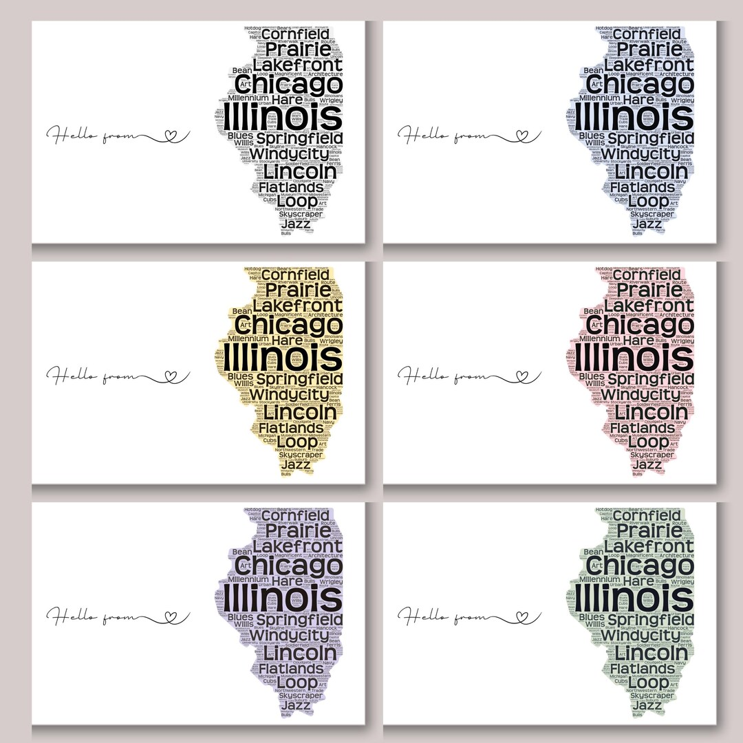 Illinois Word Art Postcard Set, Unique Illinois Map Postcard, State ...