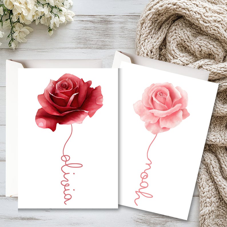 Personalized June Birth Flower Card, Red & Pink Rose, Handmade ...