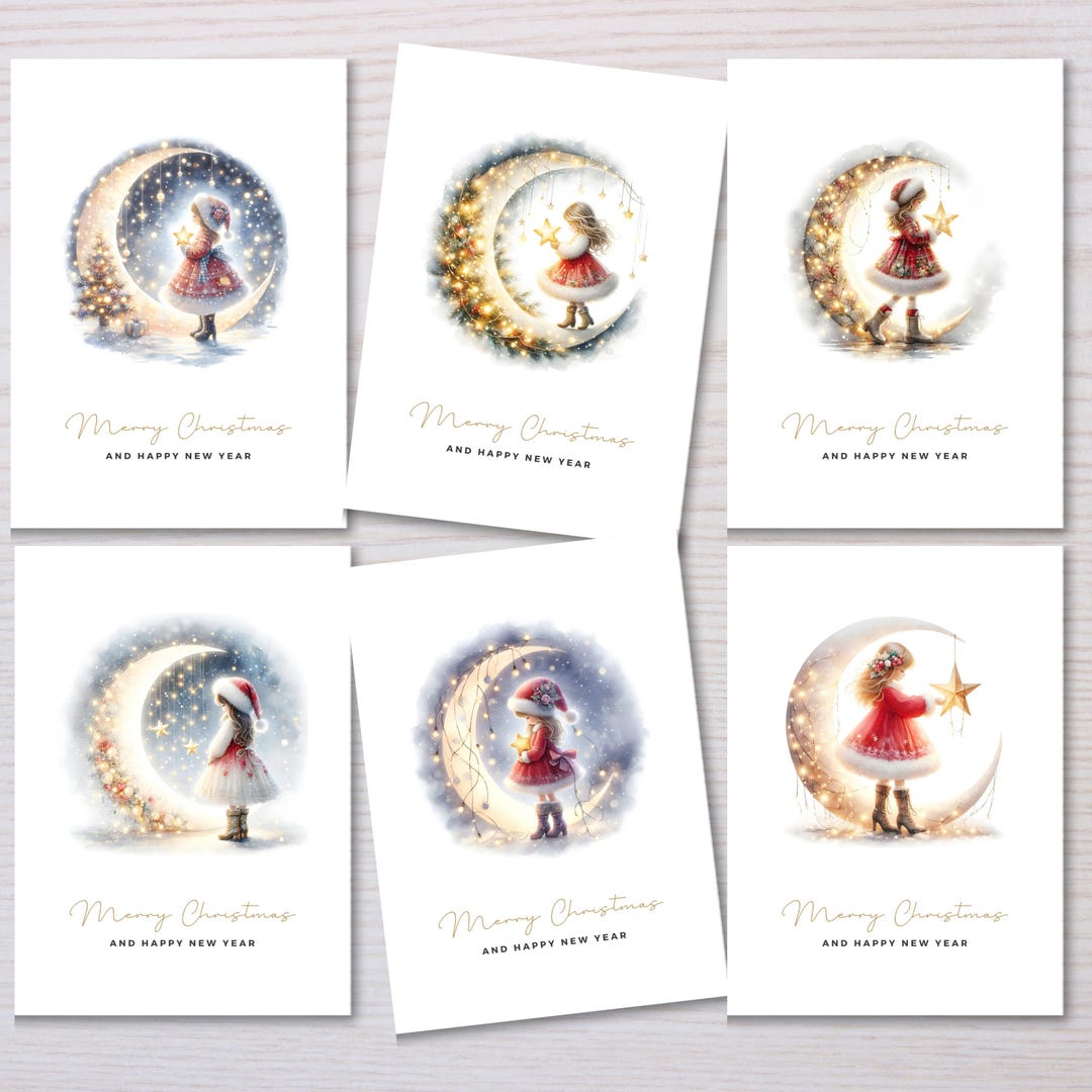Christmas Crescent Moon Greeting Cards of 6, Festive Printable Cards ...