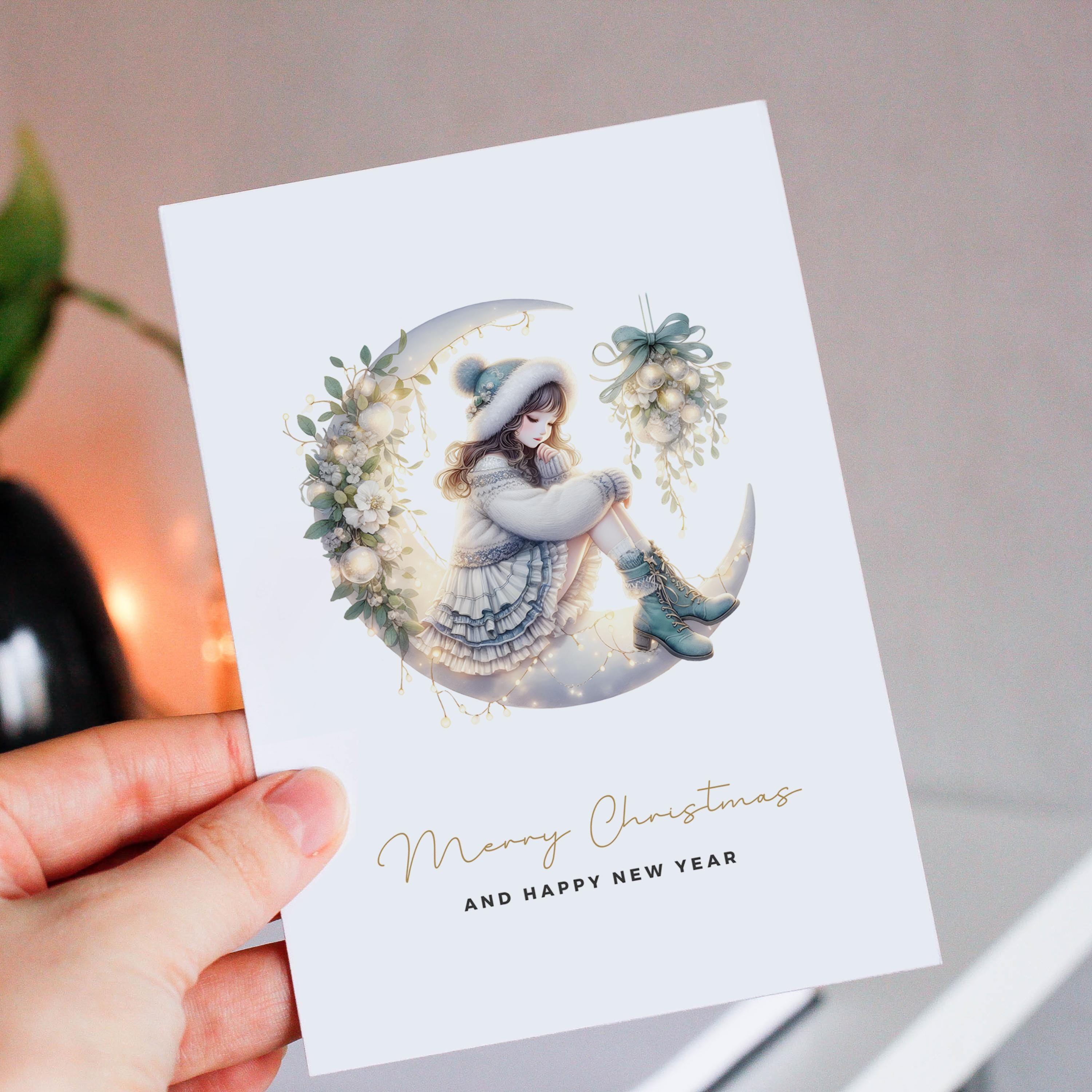 Elegant Christmas Crescent Moon Girl Greeting Cards, Set of 6 ...