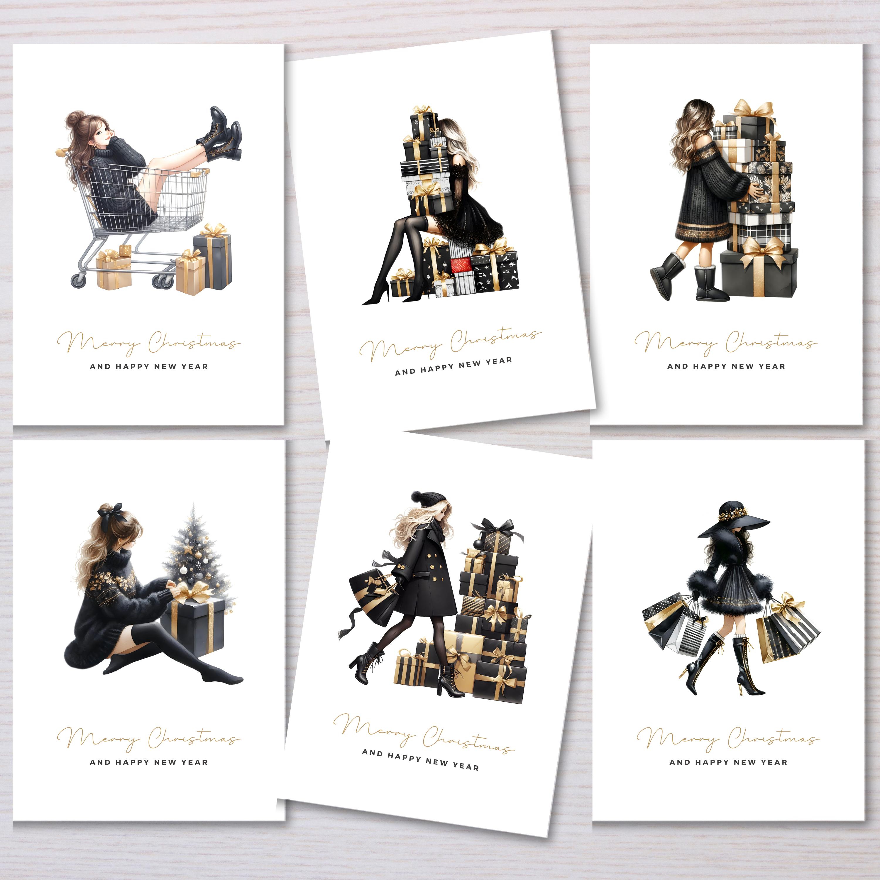 Chick Christmas Shopping Girl Card Set of 6 – Stylish Holiday Greeting ...