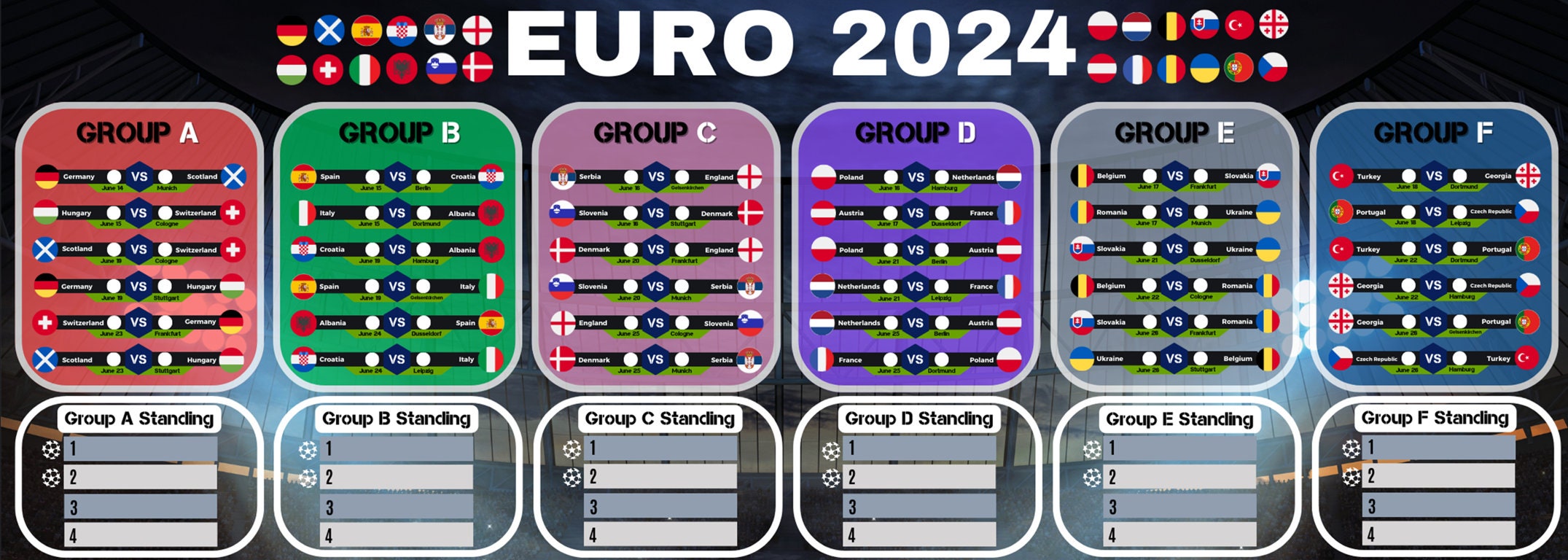 EURO 2024 Wall Chart A0 & A2 Size Available, Euro 2024 Schedule, Euro ...