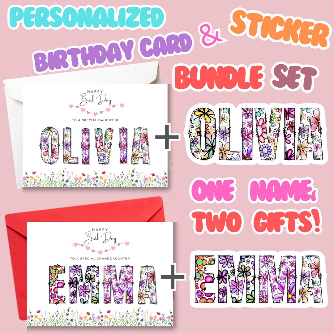 Personalized Floral Birthday Card and Name Sticker Gift Set - Etsy