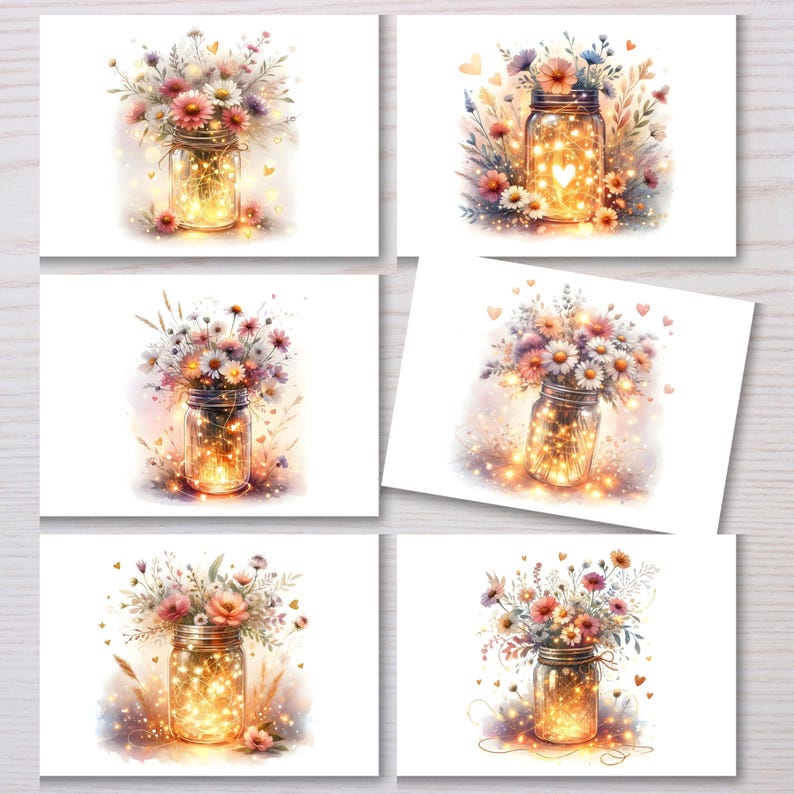 Floral Mason Jar Notecard Set, Magical Fairy Lights, Romantic ...