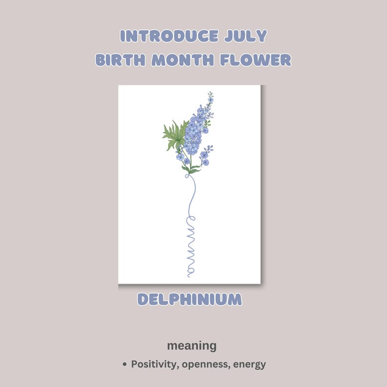 Custom July Birth Flower Card, Personalized Delphinium Water Lily Print ...