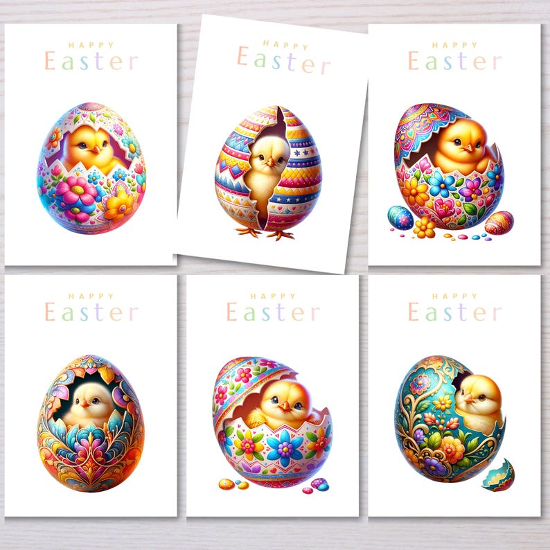 Vibrant Easter Chick Card Set of 6, Easter Greeting Cards With Adorable ...