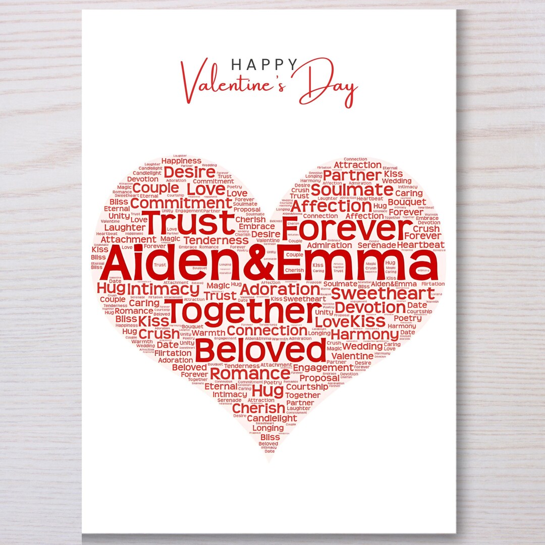 Custom Valentine’s Day Word Art Cards, Personalized Couple Name Heart ...